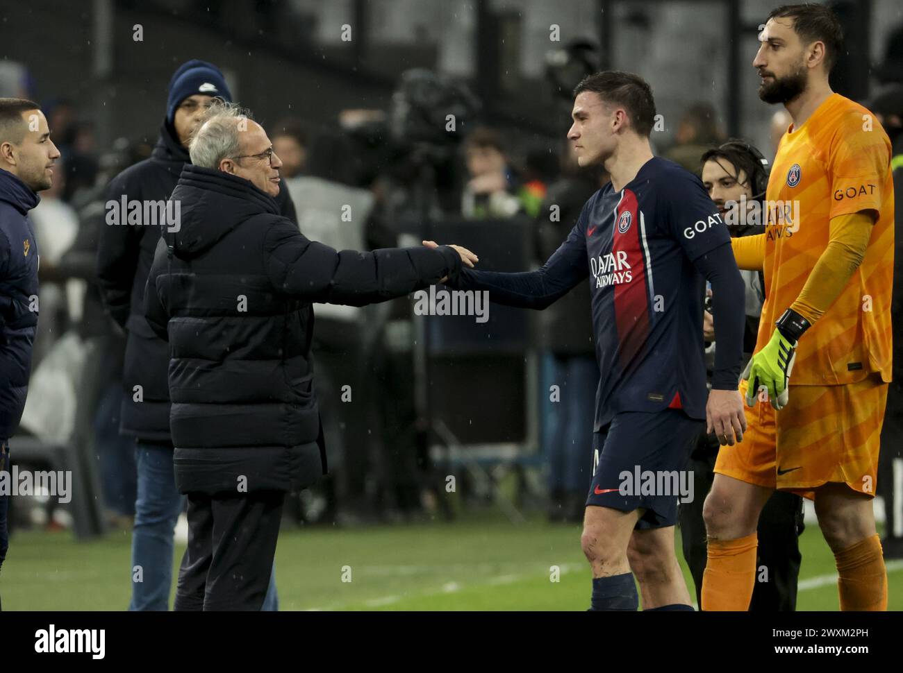 PSG manager Luis Campos salutes Manuel Ugarte, PSG goalkeeper Gianluigi ...