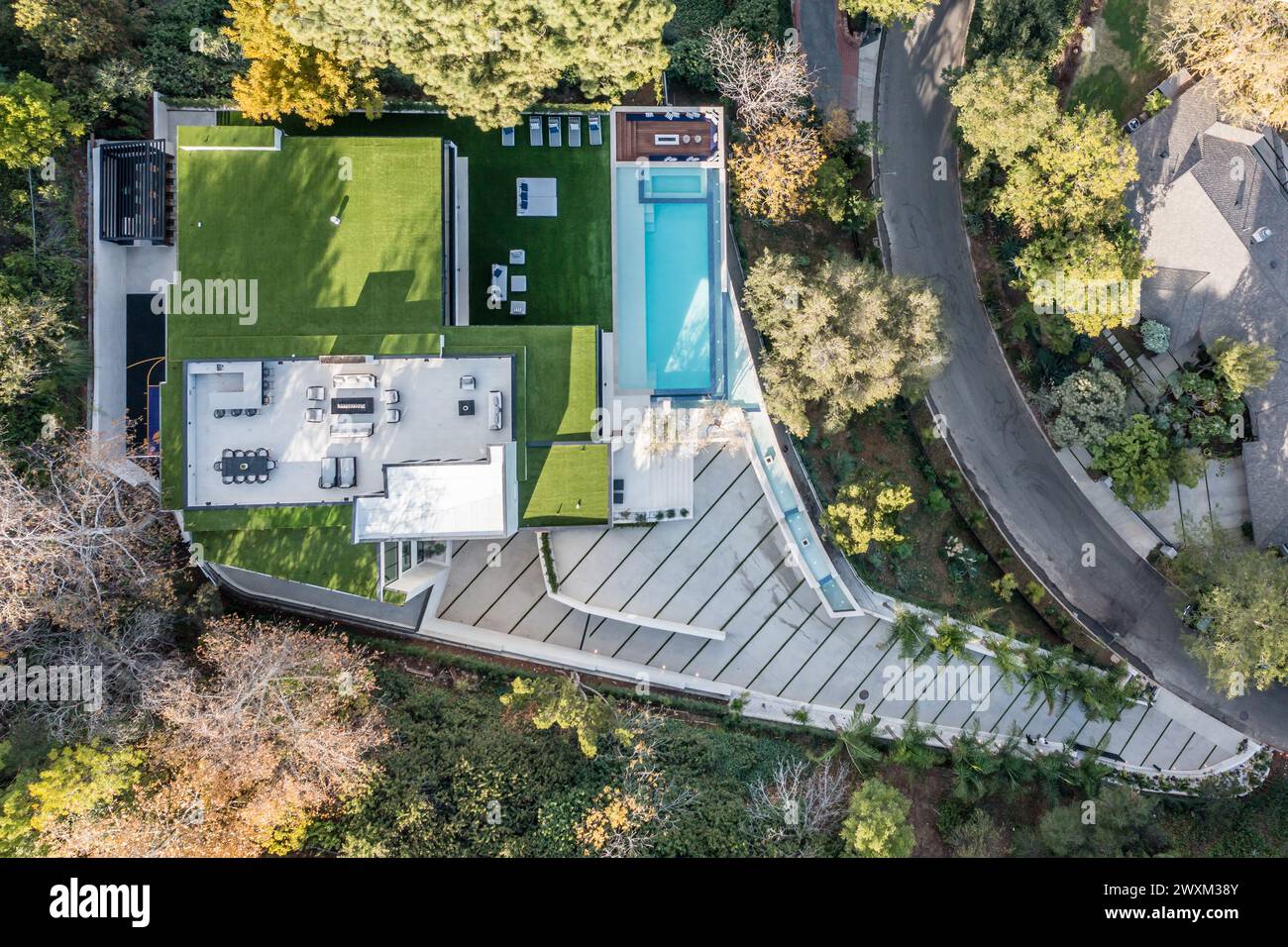 An aerial view of a luxurious mansion with surrounding trees and a man ...