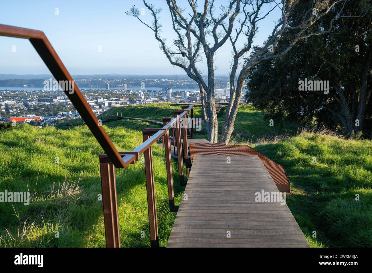 Raised boardwalk around the crater at Mt Eden summit. Auckland Stock ...