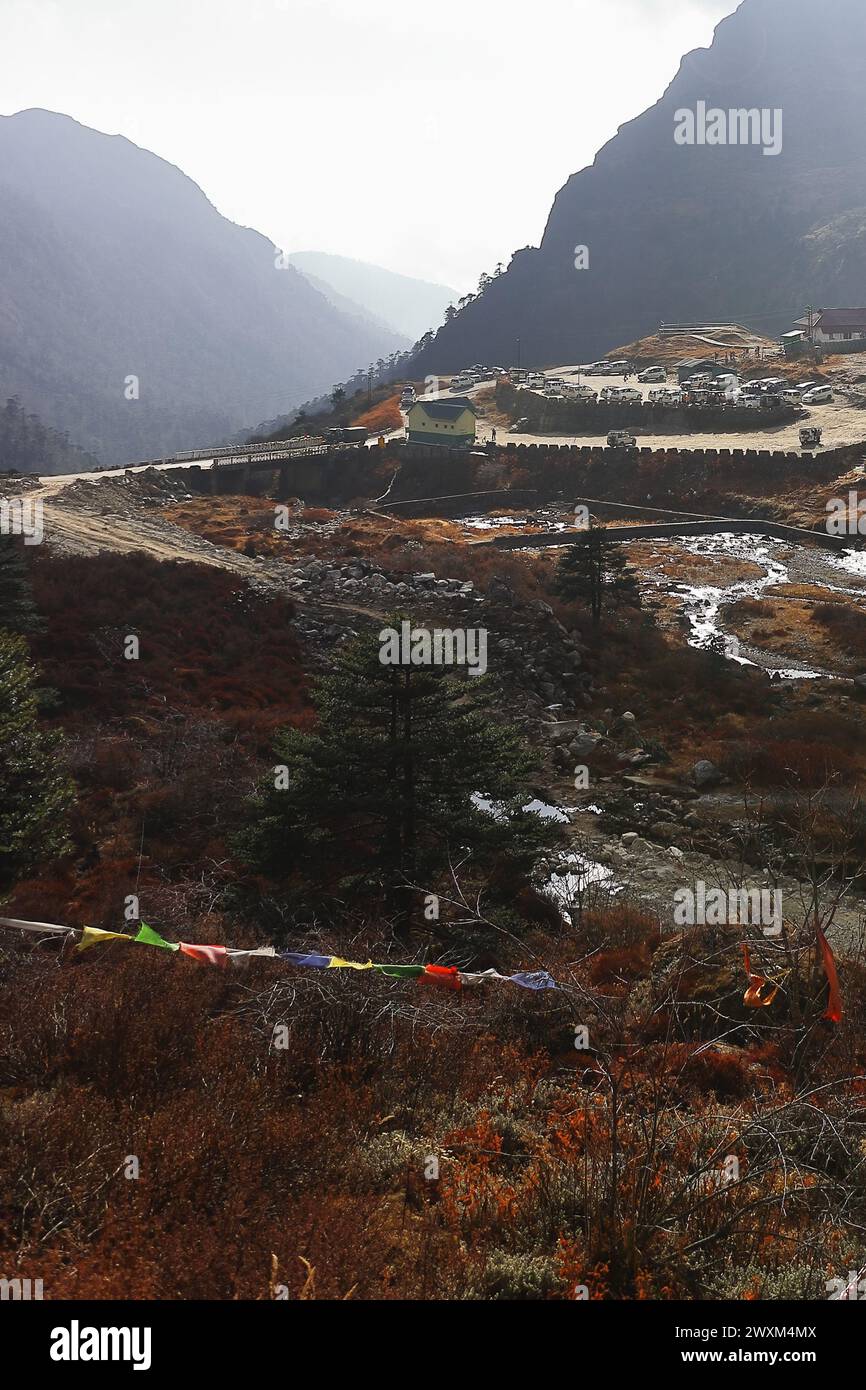 beautiful stream flowing through the scenic mountain valley, surrounded ...