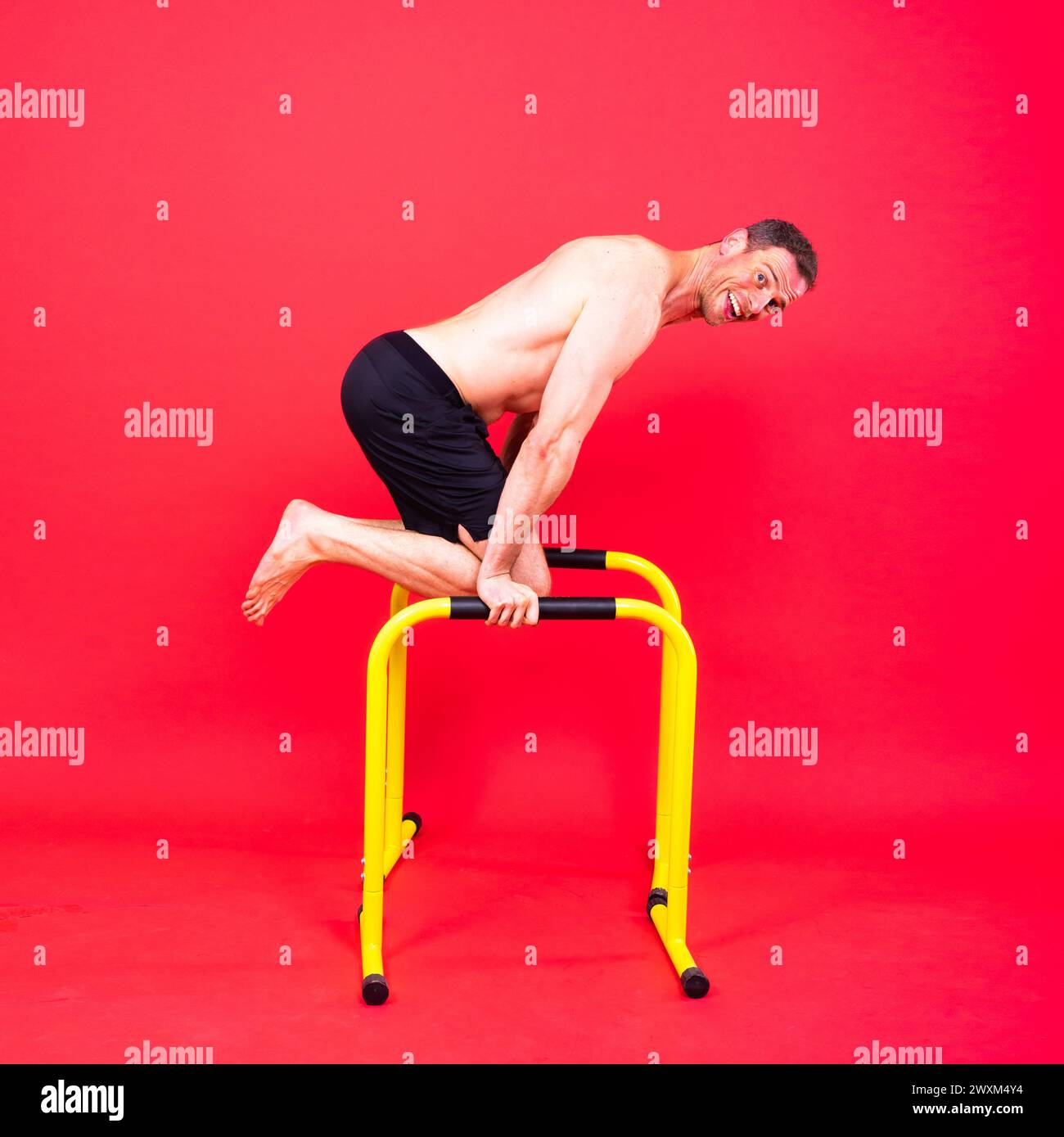 Male gymnast performing handstand on parallel bars, studio shot Stock ...