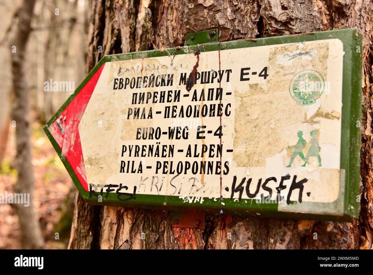 E4 European Long Distance Path weathered sign for the Pyrenees to ...