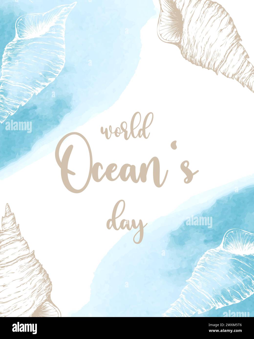 Oceans day card poster with seashells contour hand drawing on ...