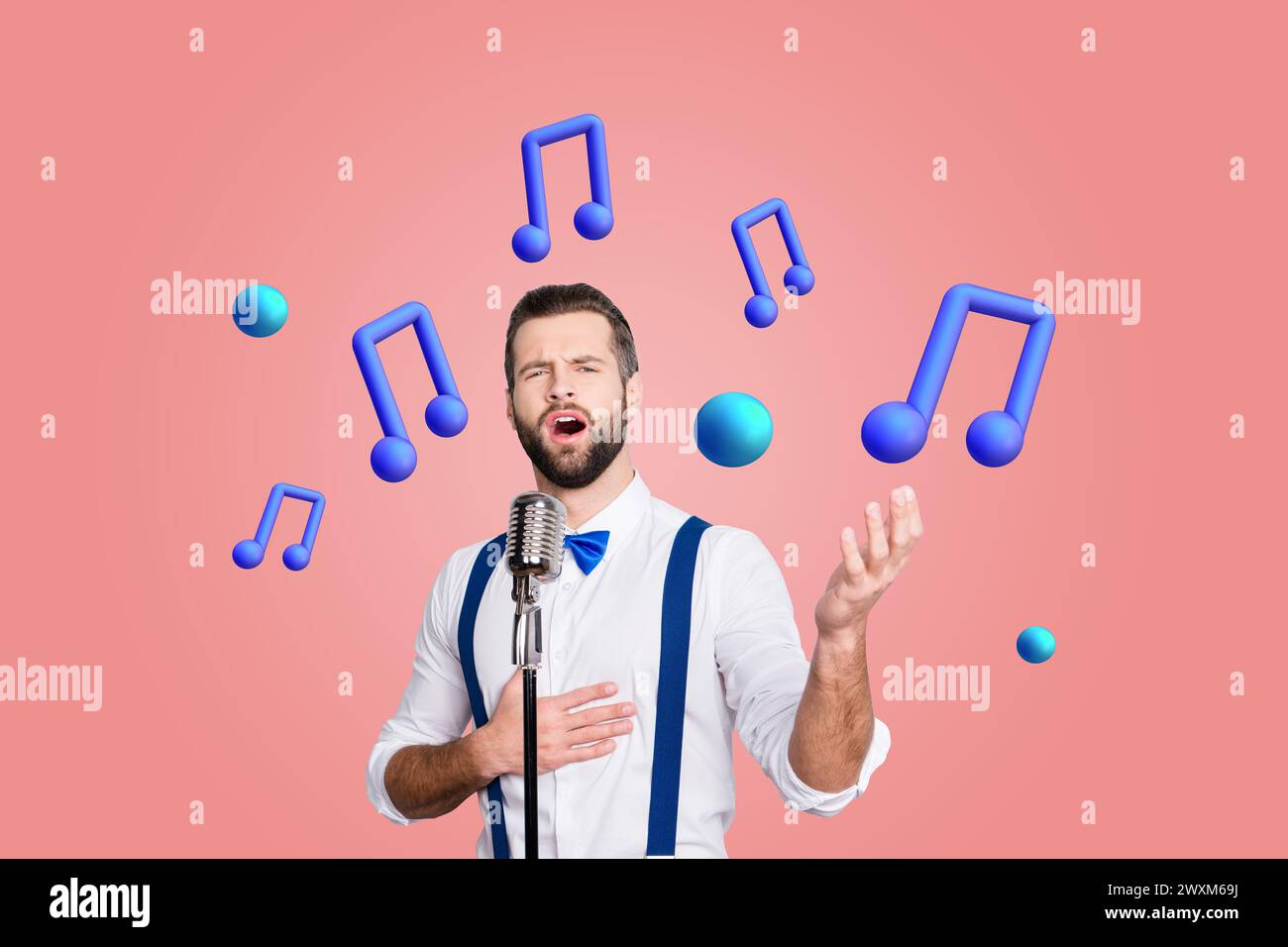 Composite photo collage of young guy sing microphone note melody ...