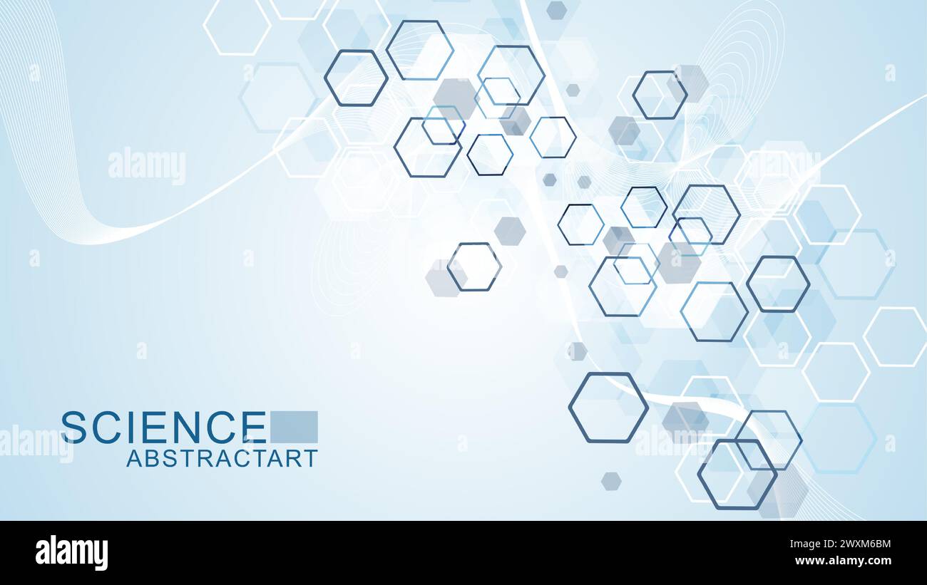 Modern scientific background with hexagons, lines and dots. Wave flow ...
