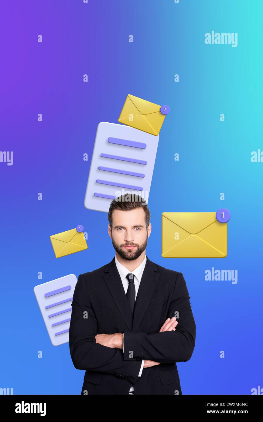 Vertical creative collage image standing young businessman crossed ...