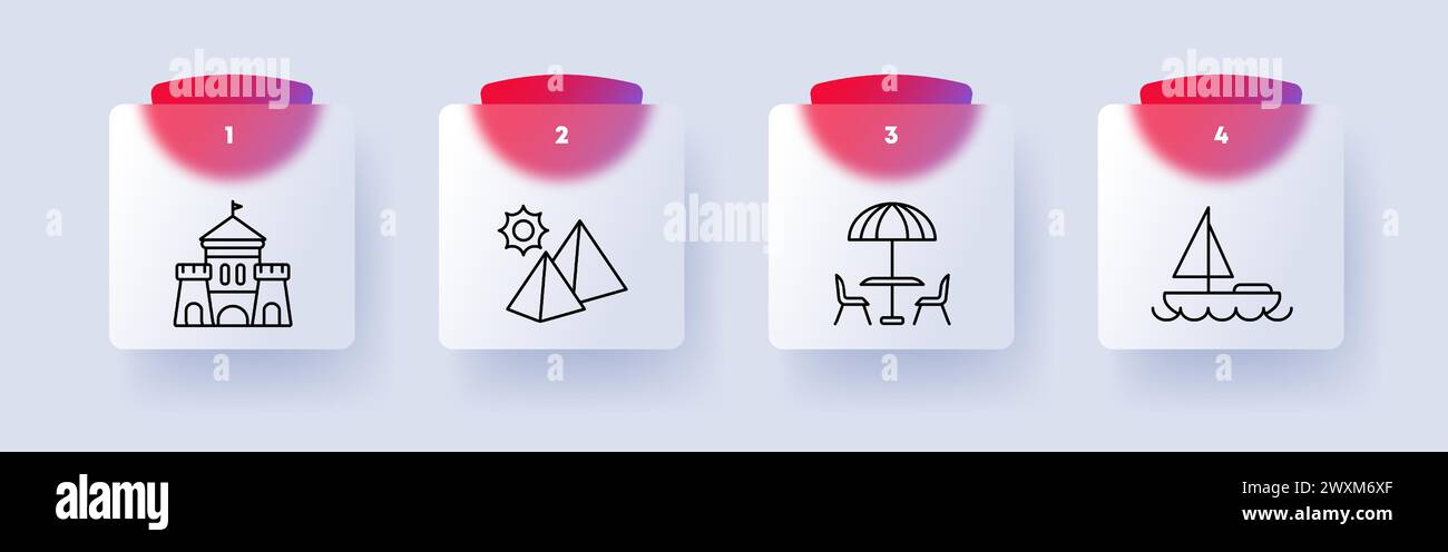 Travel set icon. Landmark, sun, castle, ancient building, pyramids ...