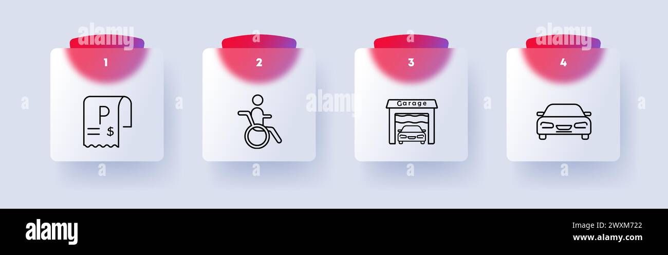 Tax set icon. Garage, check, invoice, machine, car, parking, pitstop, P ...