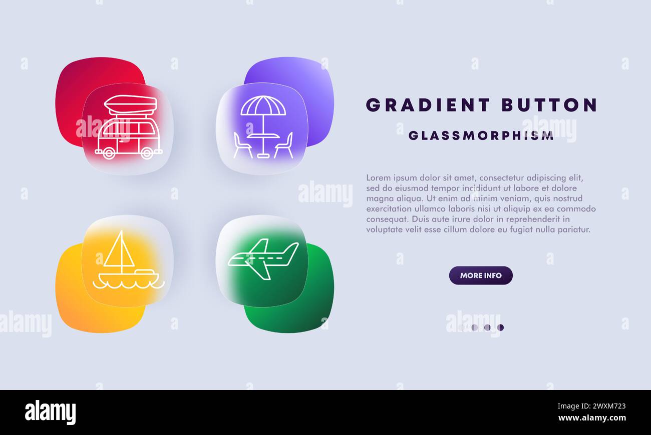 Travel set icon. A car, a motorhome with a boat on the roof, restaurant ...