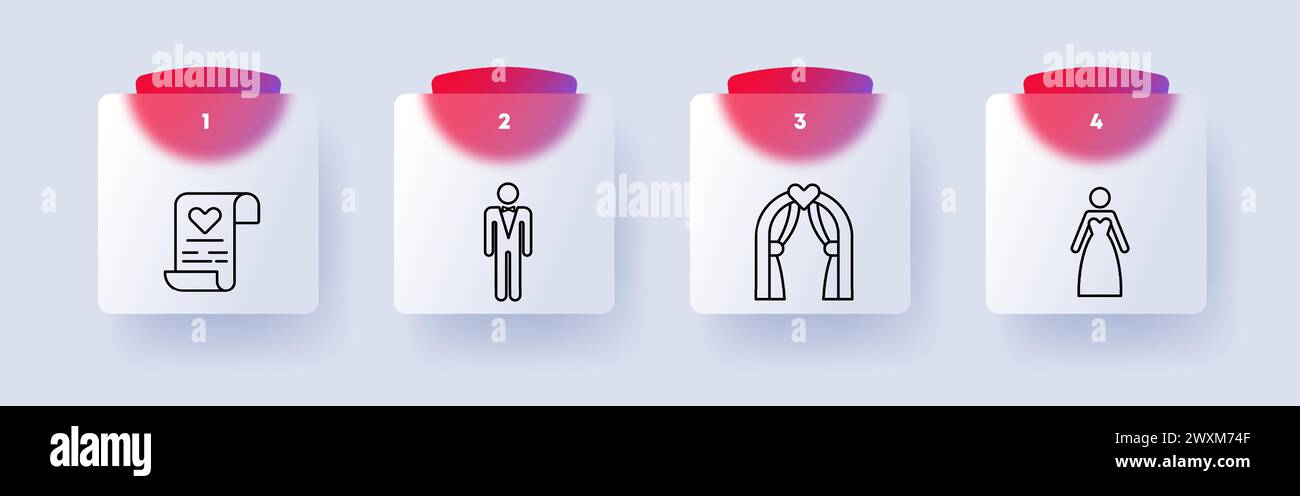 Wedding icon set. Document, man, woman, wedding suit and dress, wine ...