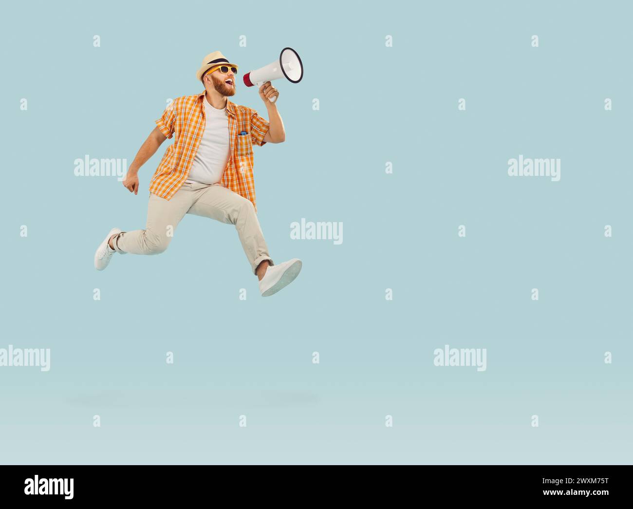 Megaphone crying, man running speaking in loudspeaker to shout, scream ...