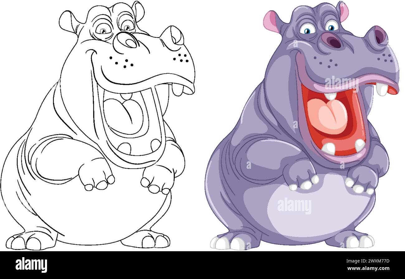 Two cheerful hippos, one colored and one outlined Stock Vector Image ...
