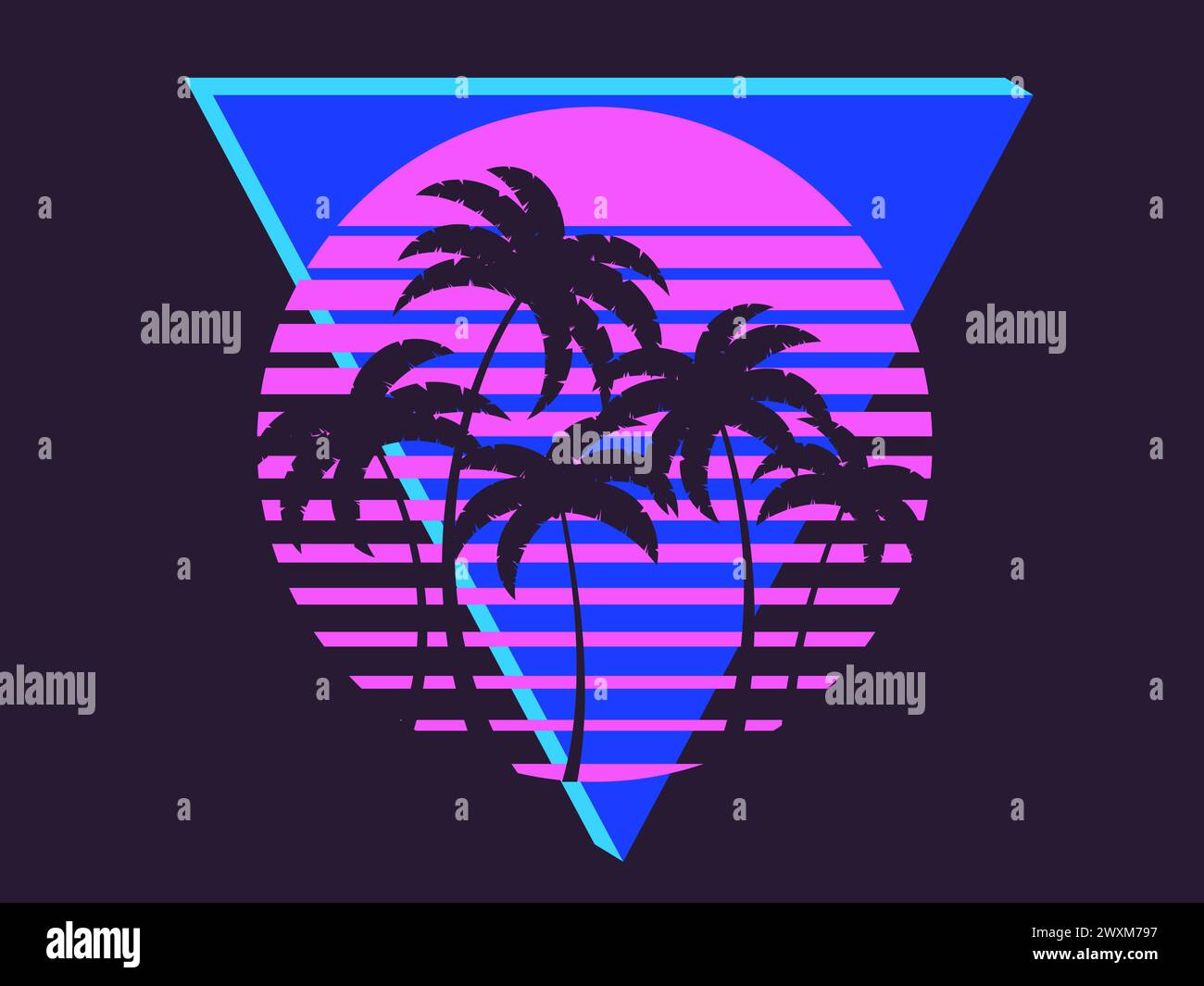 Retro futuristic sunset with palm trees and triangle in 80s style. Sci ...