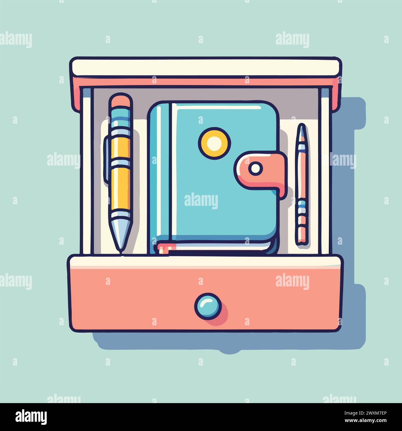 A partially open wooden drawer containing a spiral notebook, a blue pen ...