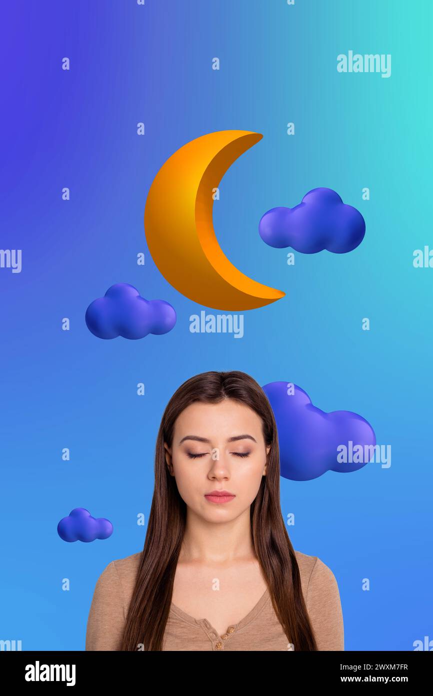 Vertical collage picture young cute girl sleepover dream harmony moon clouds sky closed eyes ...