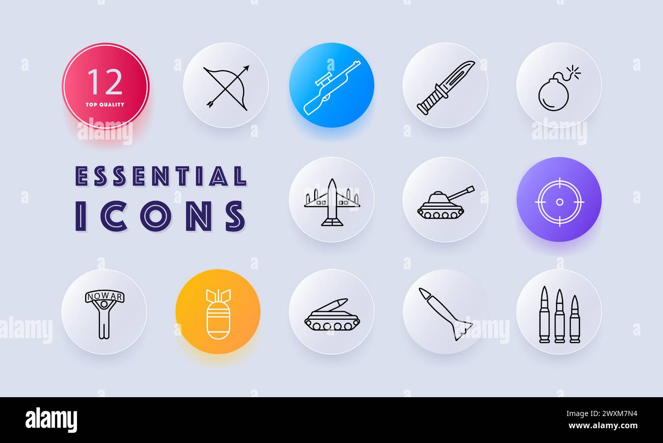 Weapon set icon. Tank, man, banner, no war, artillery, plane, bomber ...