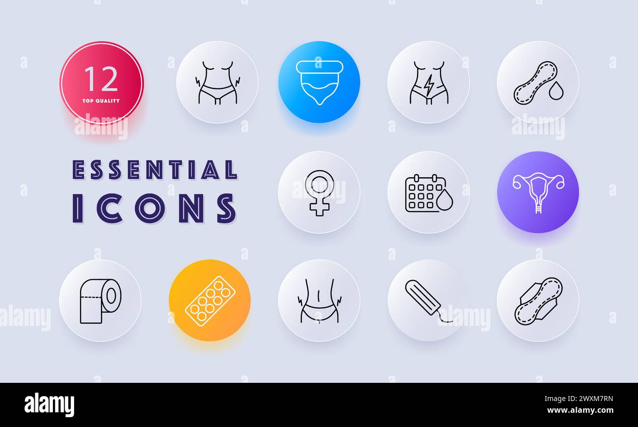 Menstruation set icon. Condom, tampon, pad, pack of female gender pills ...