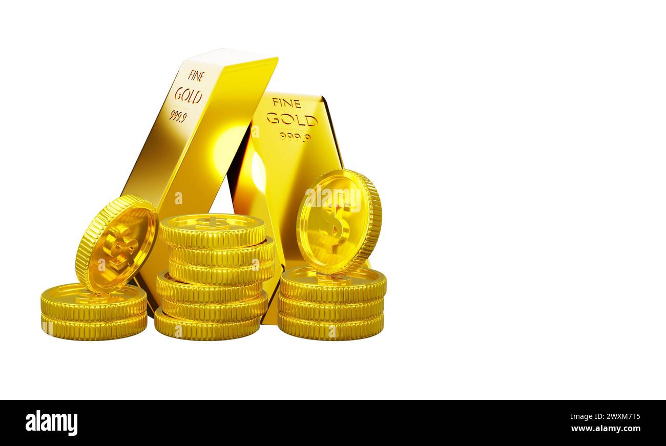 3d rendering Golden Stack of Money Coins and Gold bars isolated white background copy space ...