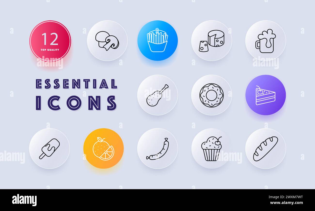 Delicacy set icon. Mushrooms, cheese with holes, cupcake, baguette, ice ...