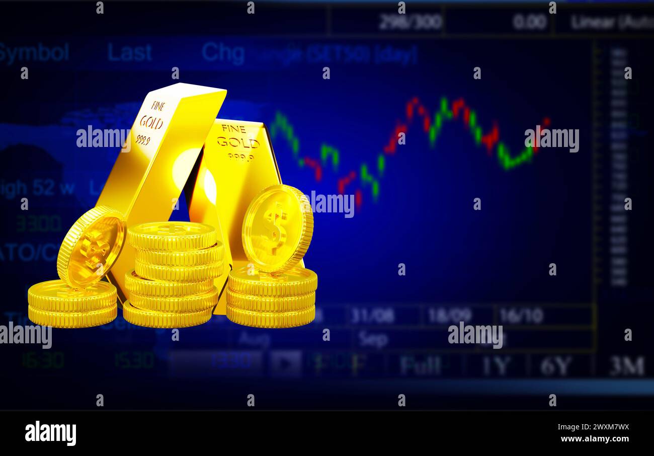 3D rendering gold bars with coins, Market graph, and chart illustration ...