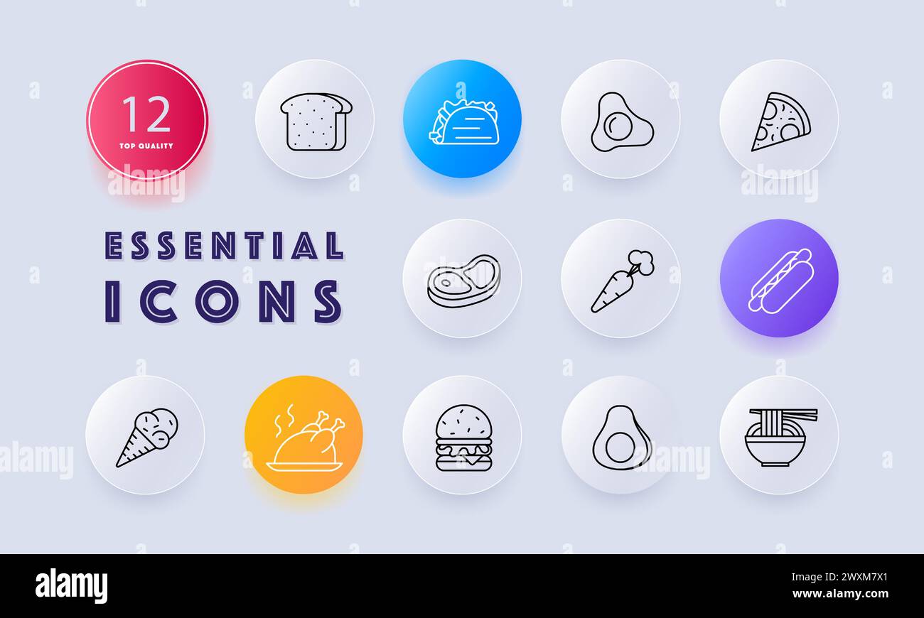 Delicacy set icon. Bread, shawarma, eggs, fried eggs, ice cream ...