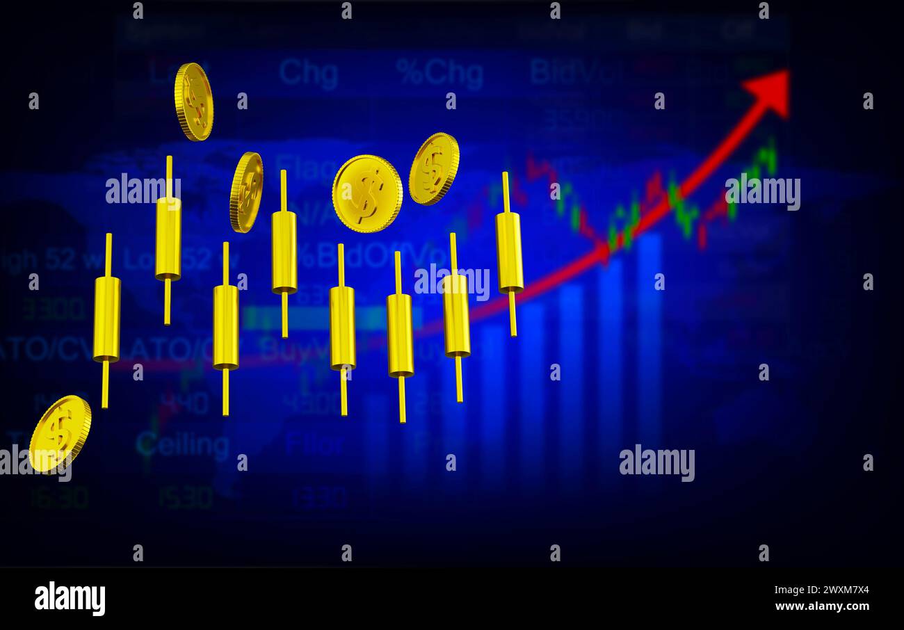 3D rendering gold candlesticks with coins, Market graph, and chart ...