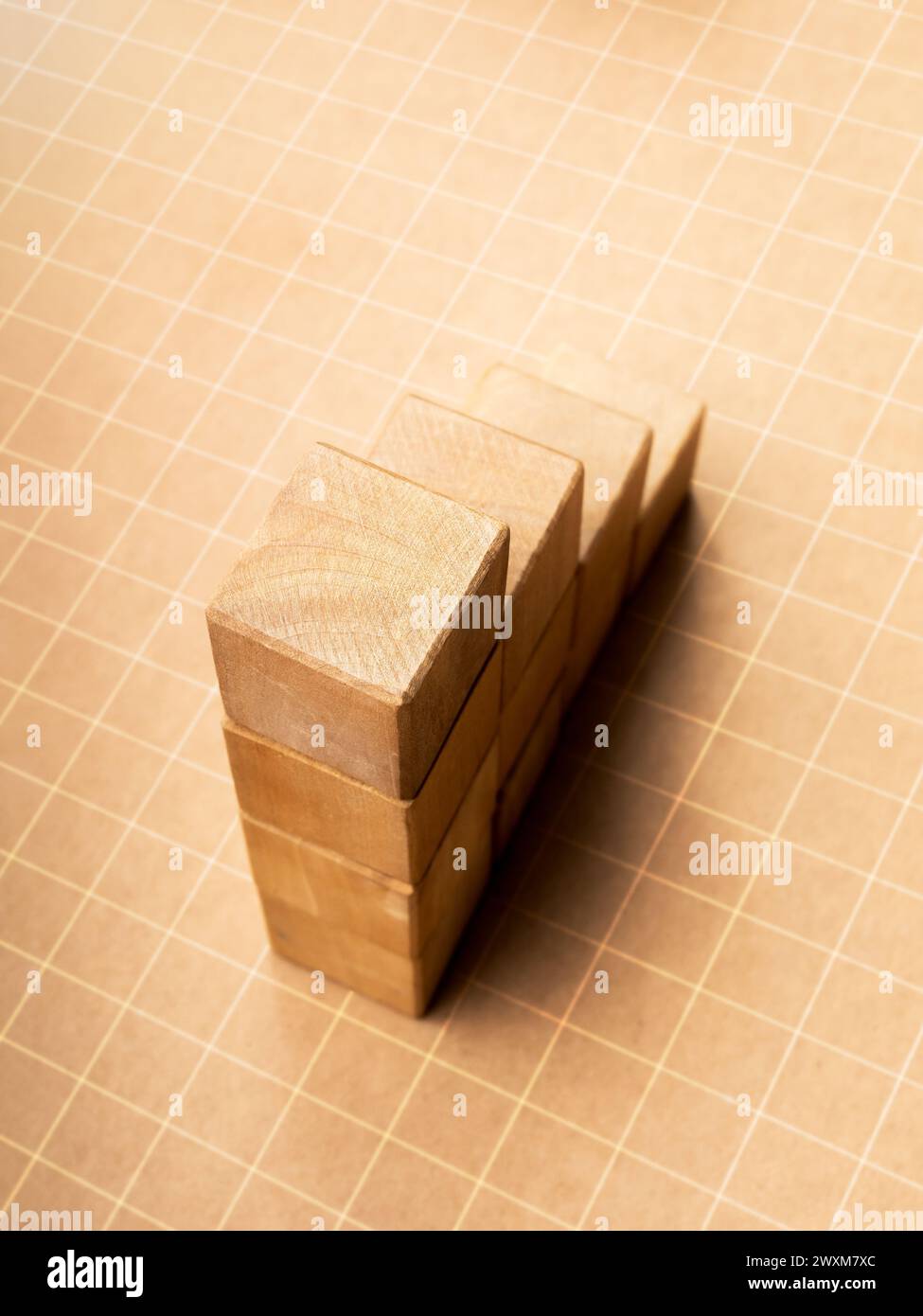 Close-up of top of empty blank wooden cube blocks bar graph chart steps ...