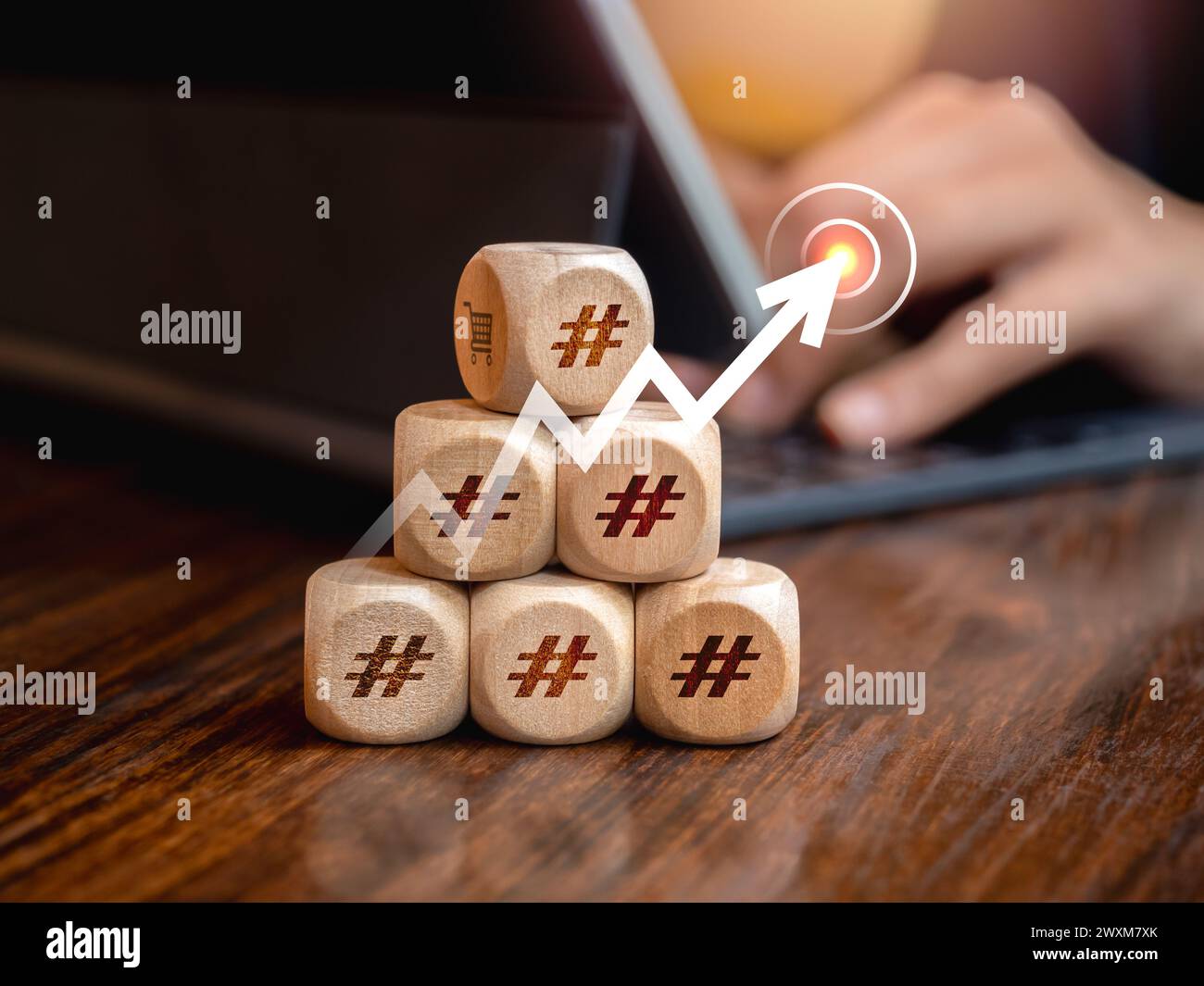 Hashtag symbol on wooden cube block stack pyramid shape with upward ...