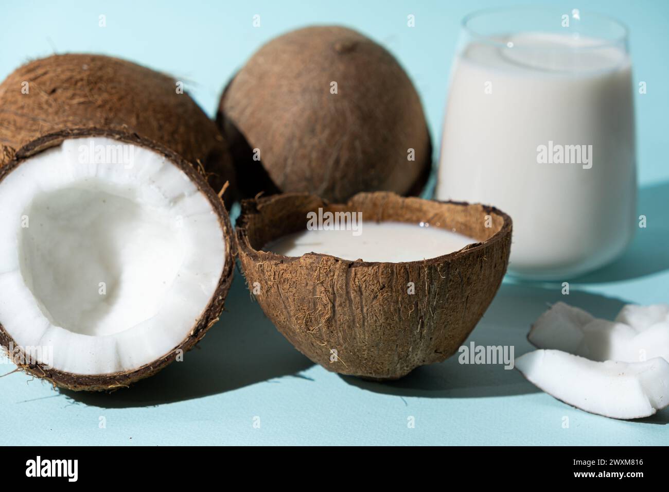 Healthy vegan coconut milk in coconut shell on blue background Stock ...