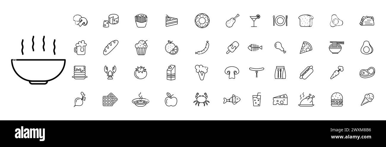Food set icon. Mushrooms, French fries, apple, orange, crayfish, tomato ...