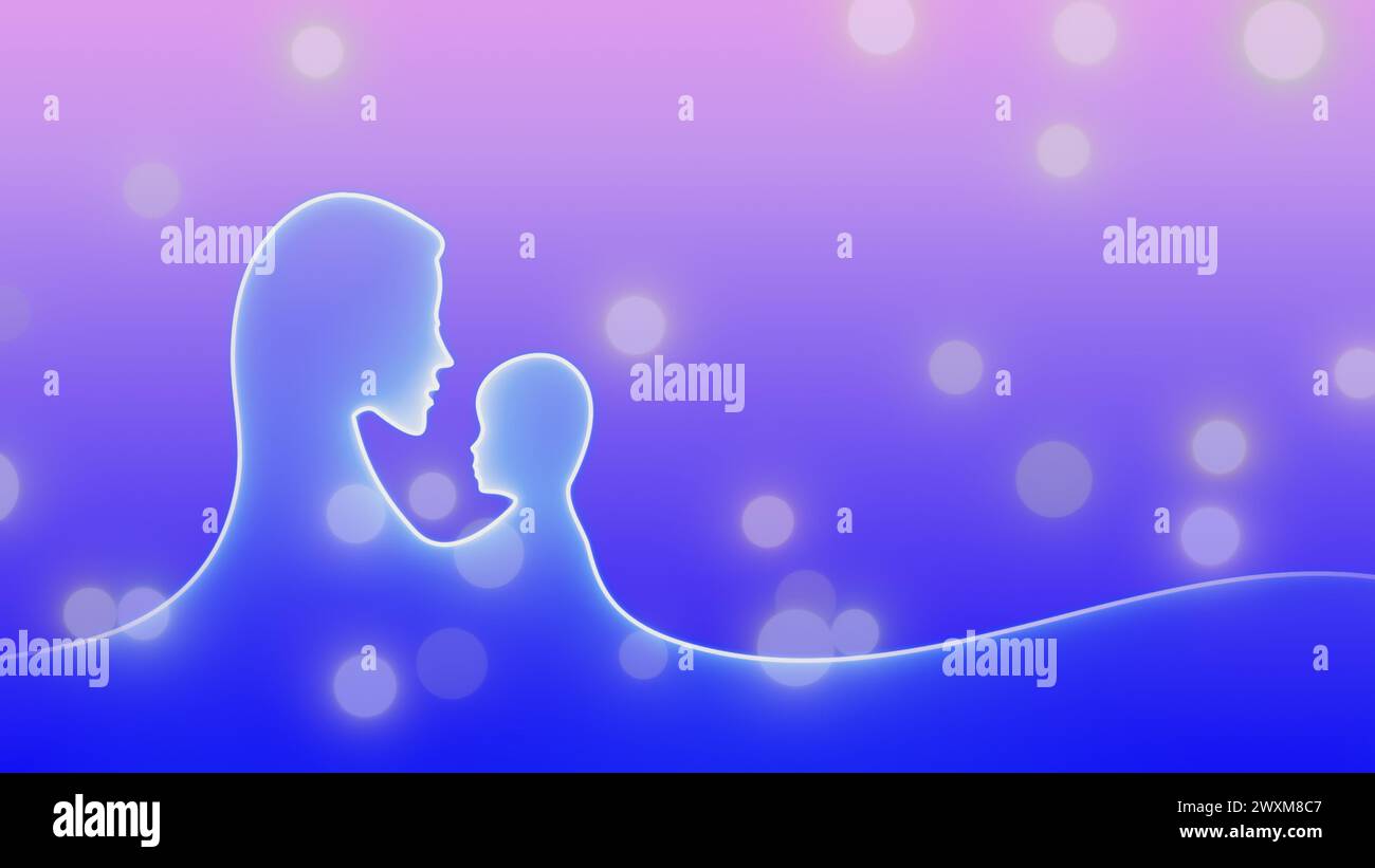 Mother's day theme Mom and Child's Neon Glow with Particle Stock Photo ...