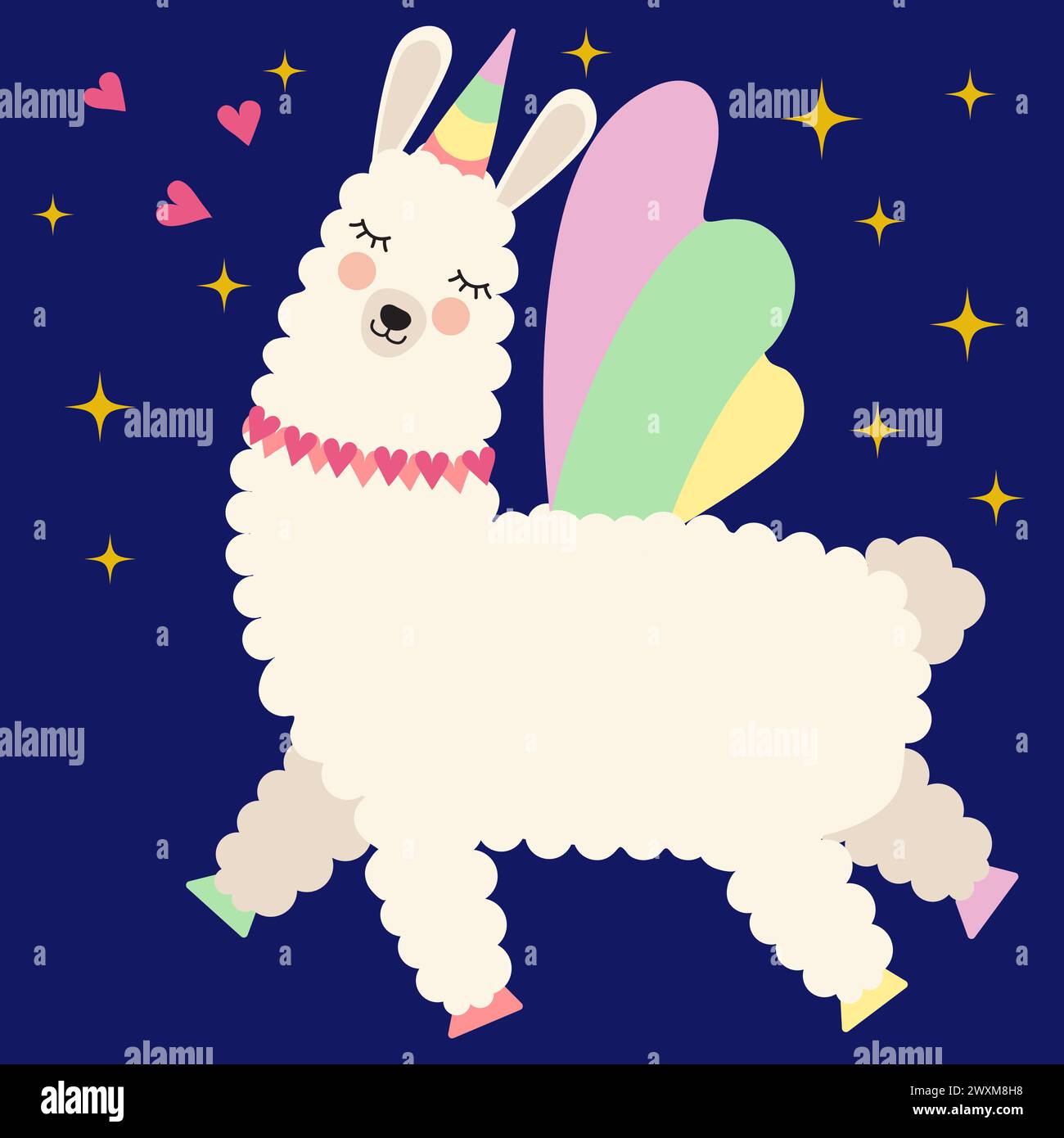 Cute alpaca unicorn flying in the night sky, vector illustration ...