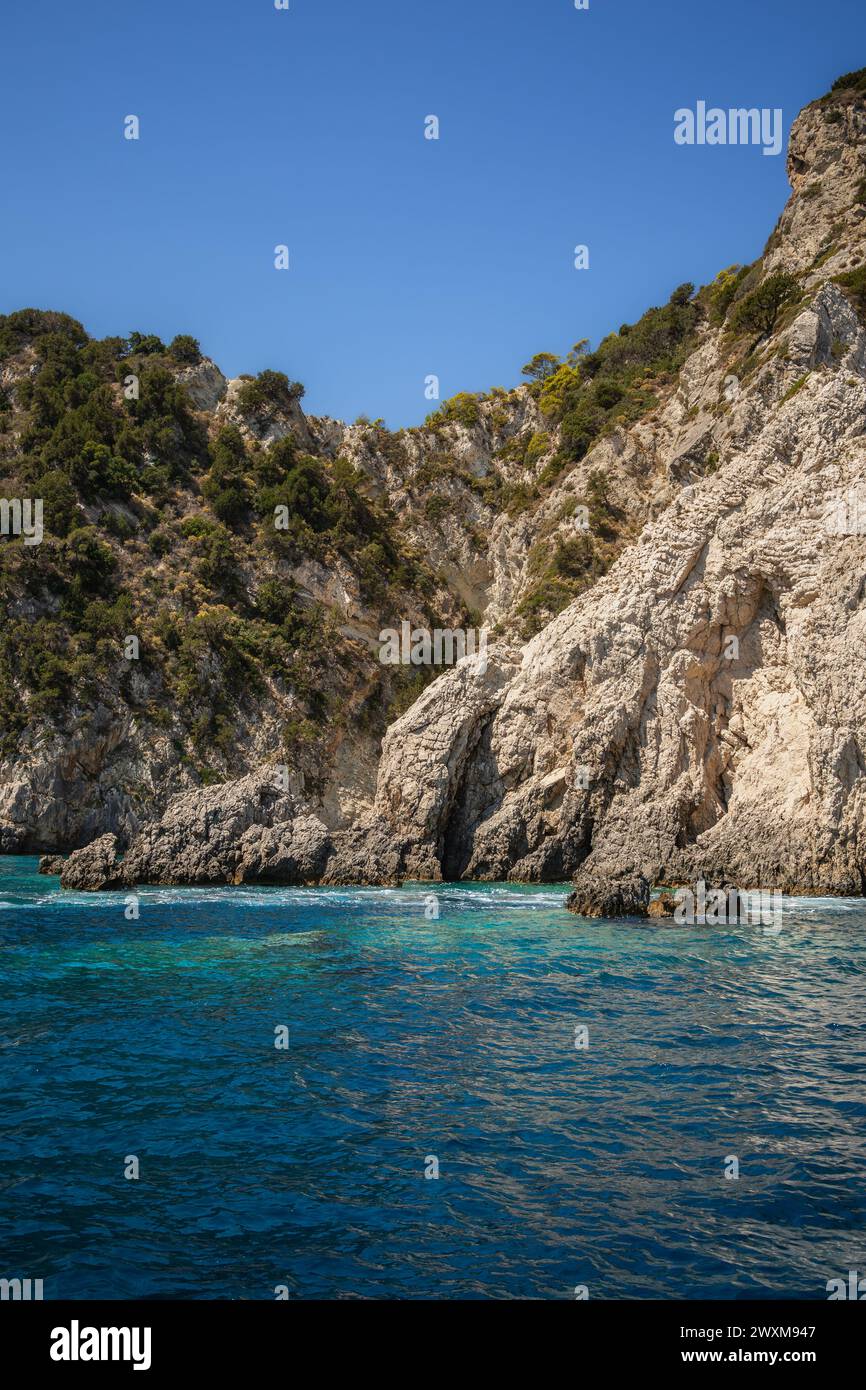 Vertical Scene of Rocky Cliff with Ionian Sea in Greece. Sea Level View ...
