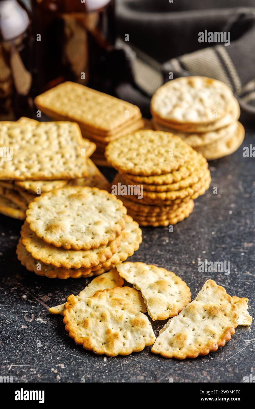 A stack of crackers neatly arranged on a kitchen counter Stock Photo ...