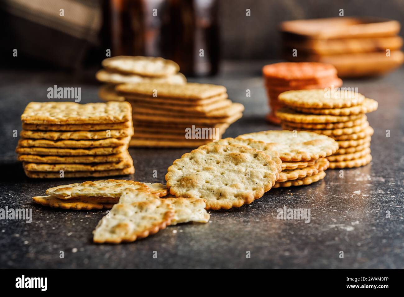 A stack of crackers neatly arranged on a kitchen counter Stock Photo ...