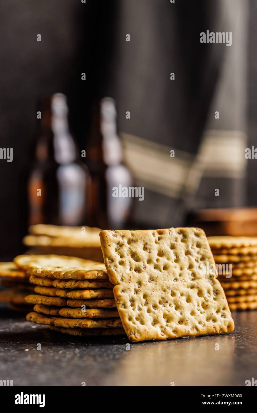 A stack of crackers neatly arranged on a kitchen counter Stock Photo ...