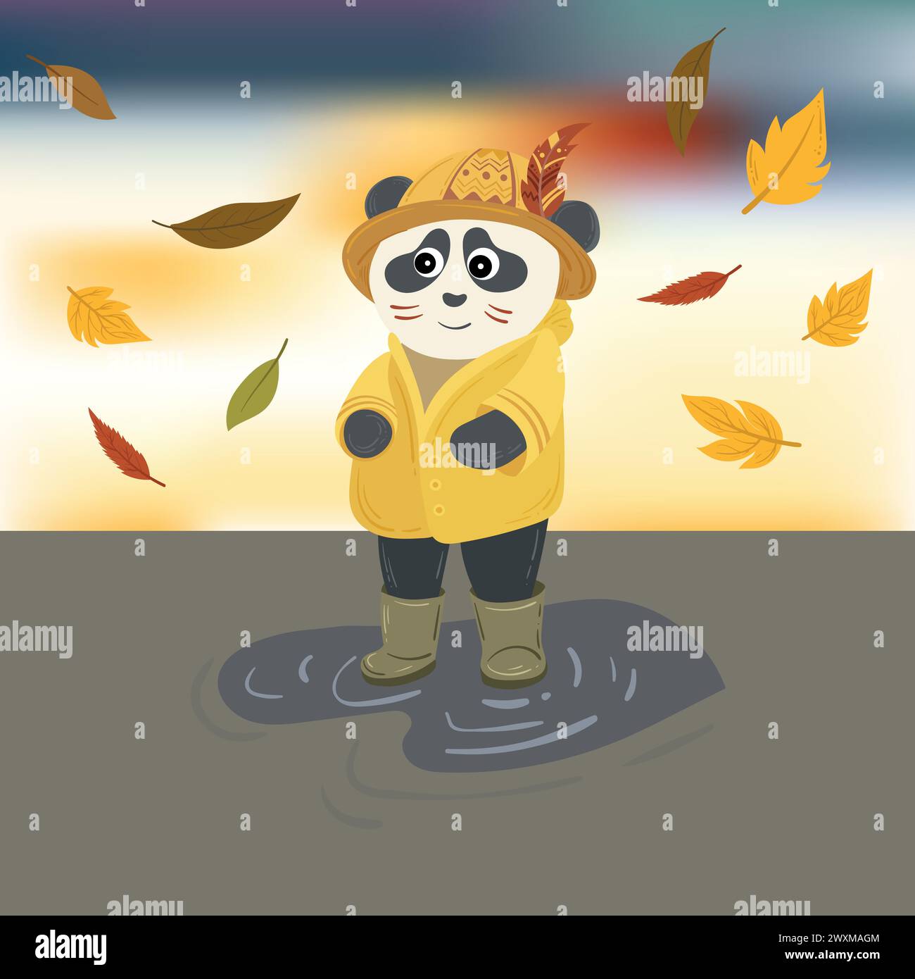 Cute Panda Holding Umbrella In Rain coat Cartoon Vector flat ...