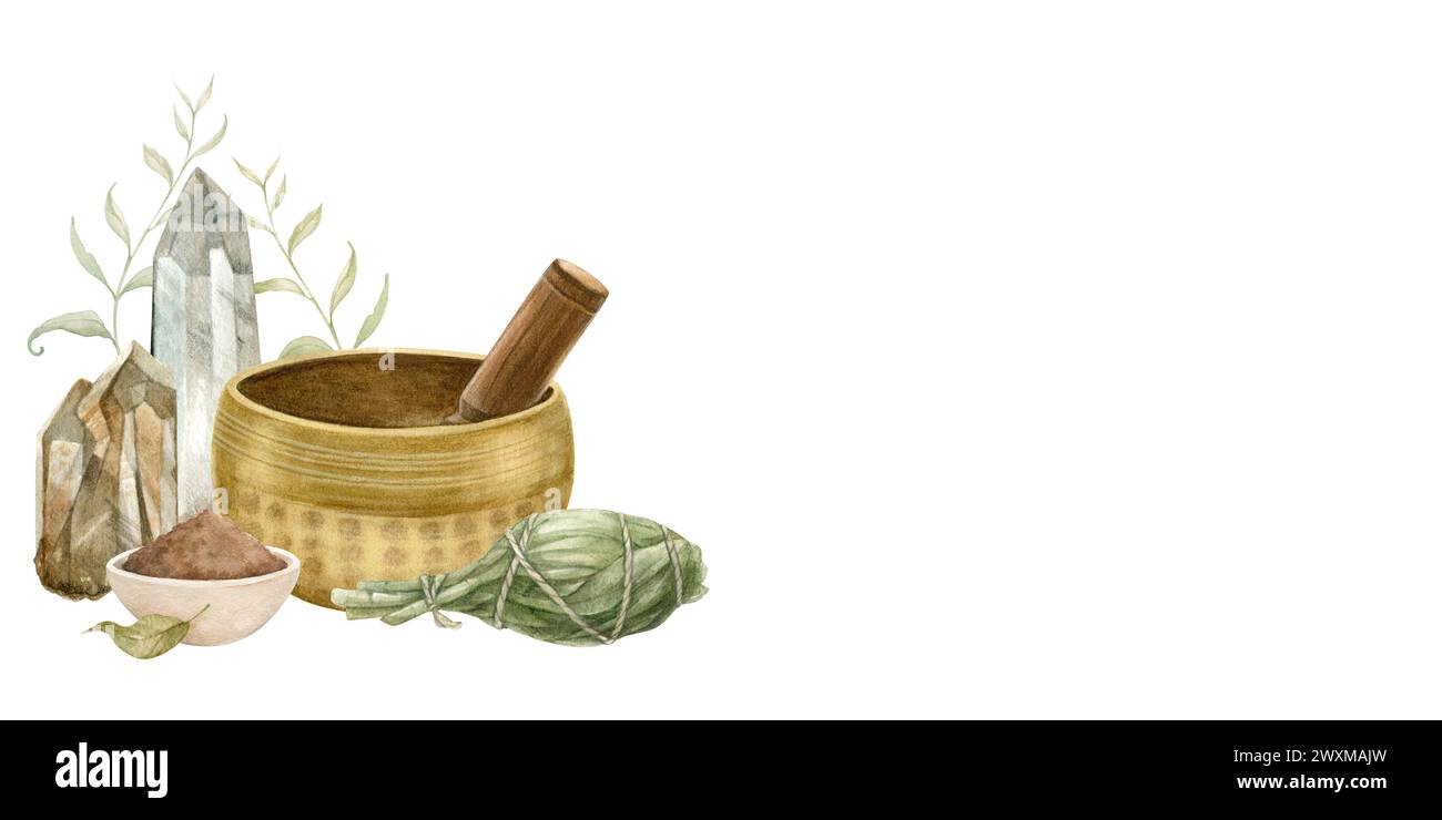 Banner with items for spiritual rituals. All elements are hand-painted ...