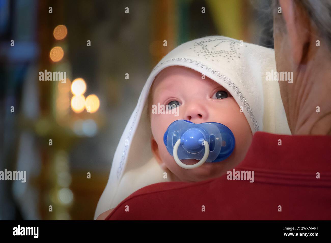 Moscow, Russia - September 22, 2018: A crying child with a pacifier in ...