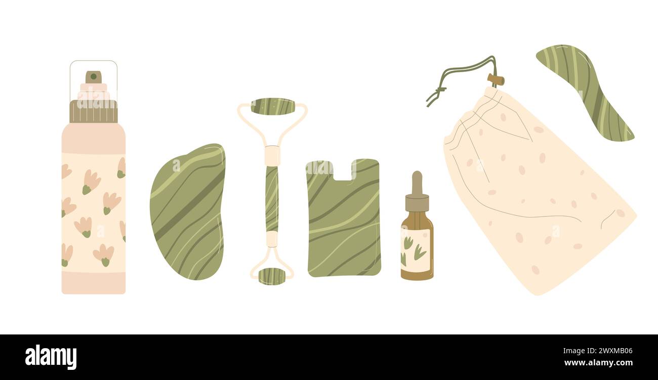 Gua Sha Beauty Procedure With Stone Set Green Quartz Roller And