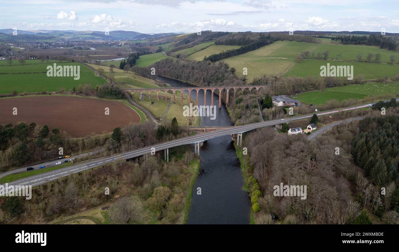 Aerial view of the Leaderfooot Viaduct where it crosses the River Tweed ...