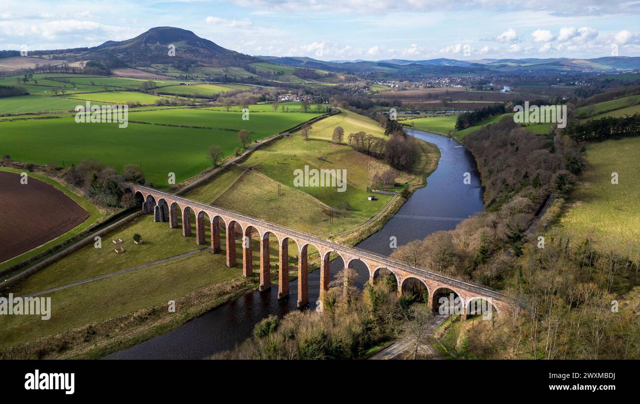 Aerial view of the Leaderfooot Viaduct where it crosses the River Tweed ...