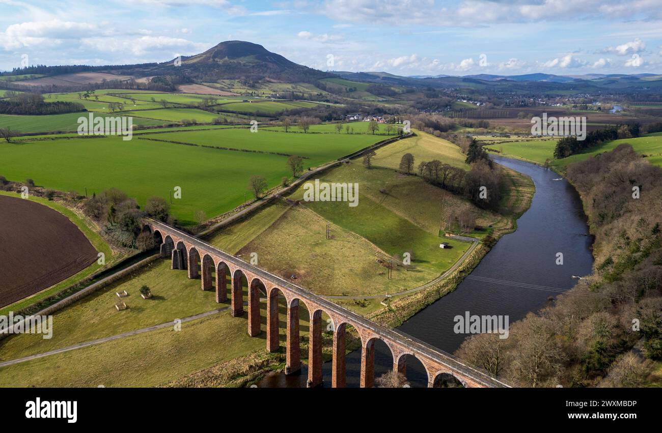 Aerial view of the Leaderfooot Viaduct where it crosses the River Tweed ...