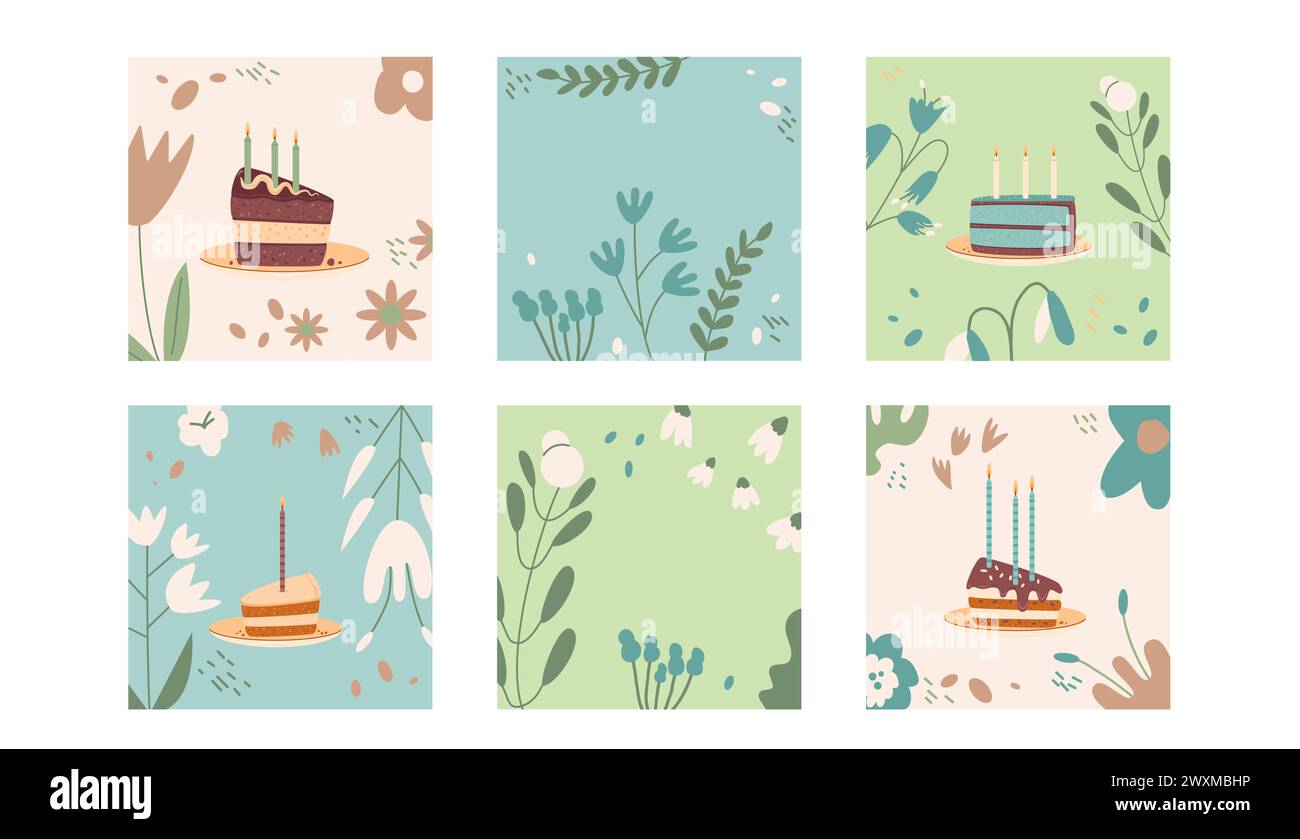 Happy Birthday greeting card with cake slice and flowers. Sweet bakery ...