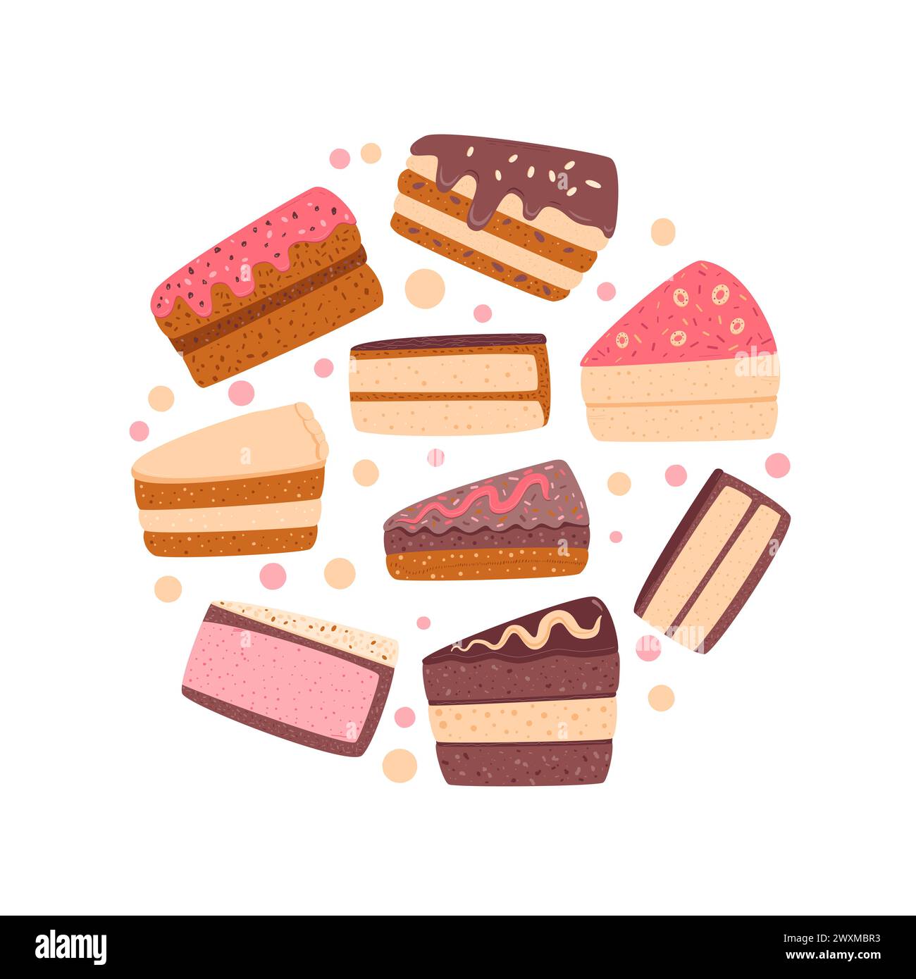 Slice of cakes circle composition. Sweet bakery piece round emblem ...