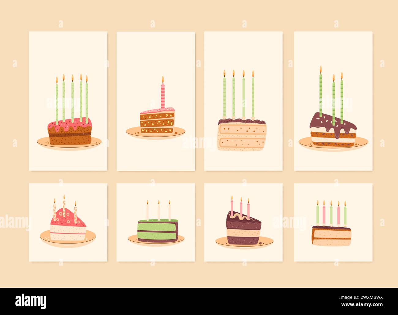 Birthday greeting cards set with cake slice. Sweet bakery holiday ...