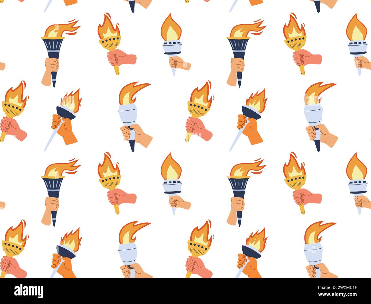 Torches with burning flame in hand seamless pattern. Symbol of sport ...