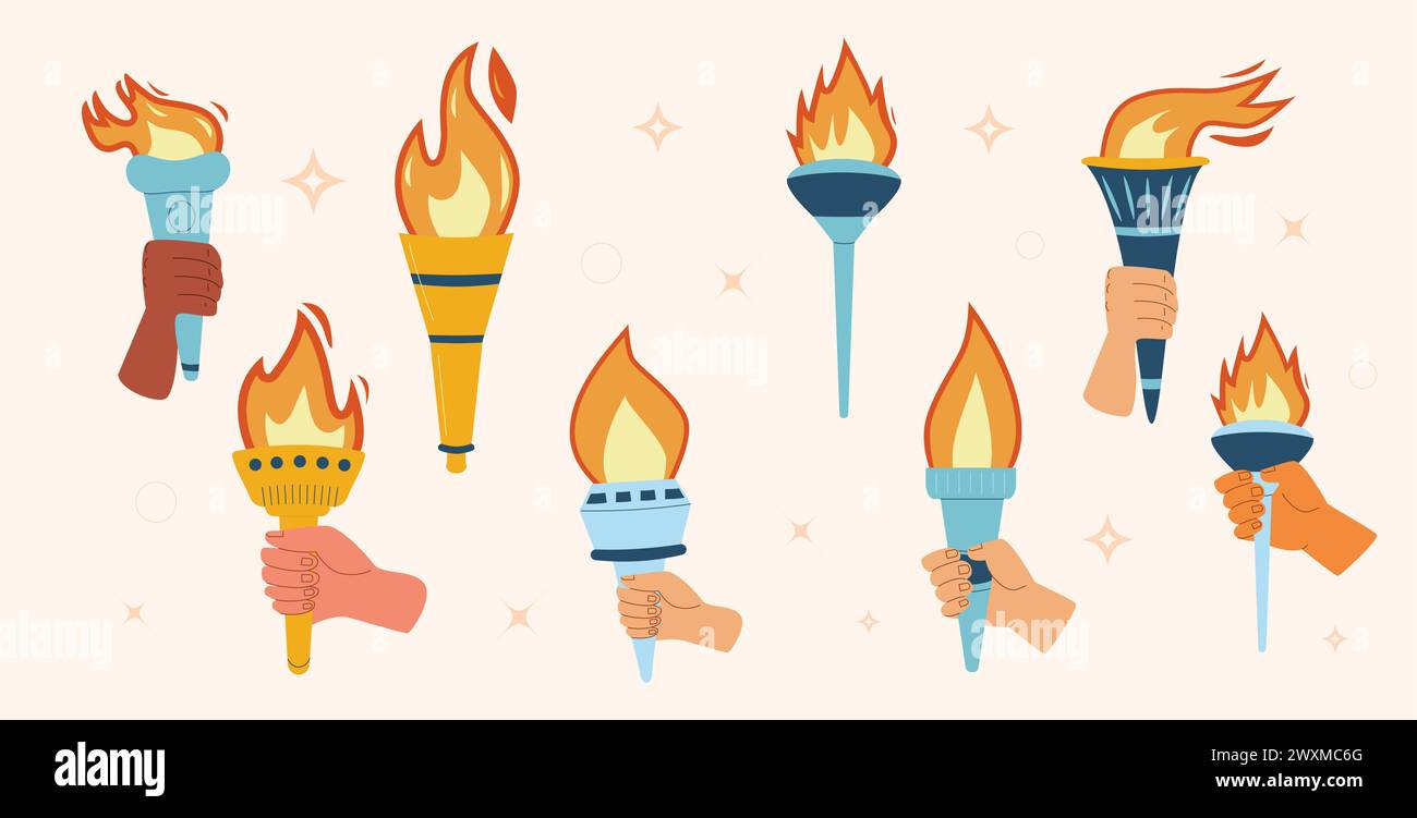 Torches with burning flame in hands set. Symbol of sport, games ...