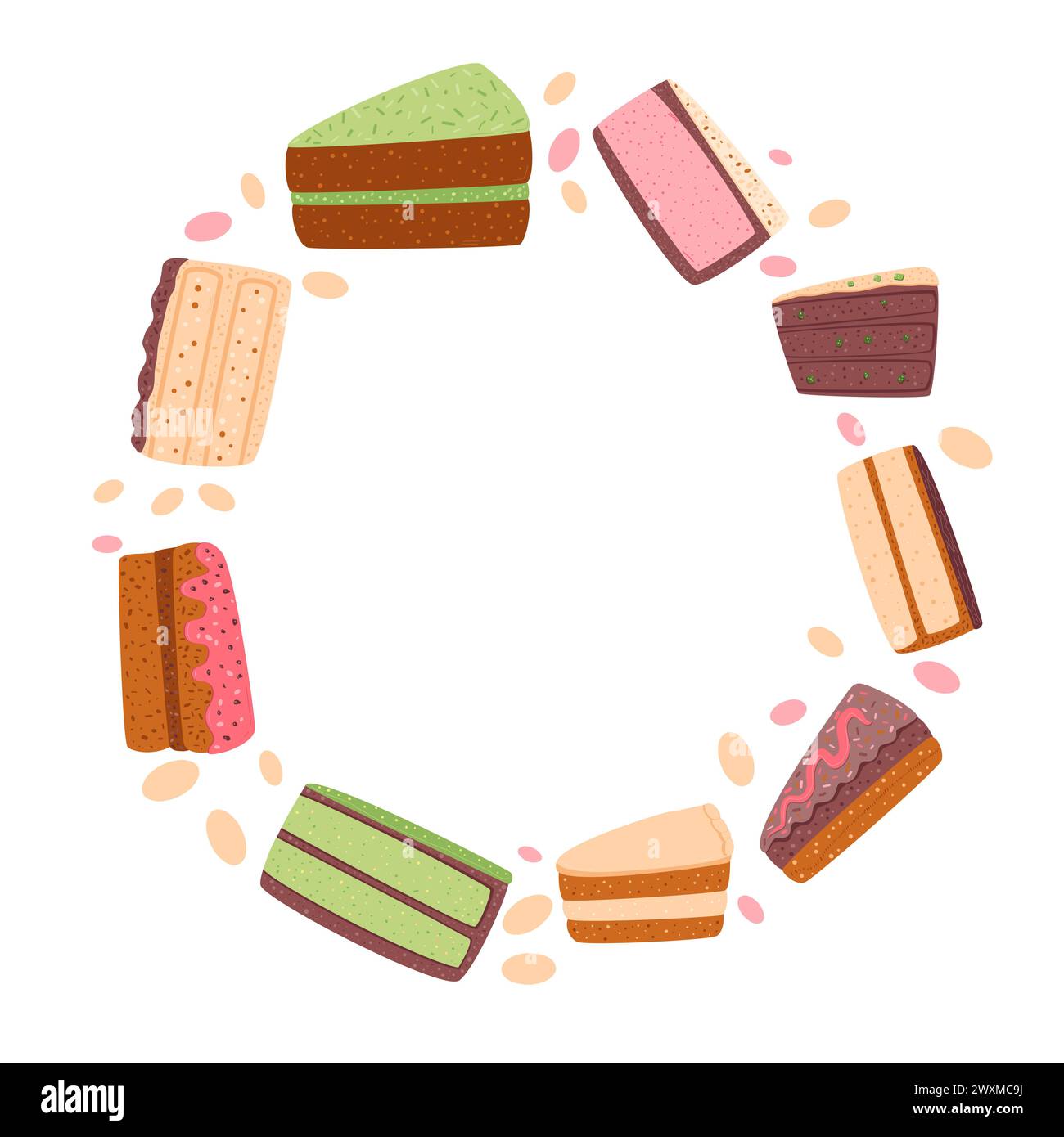 Slice of cakes round frame. Confectionery shop badge. Sweet bakery ...