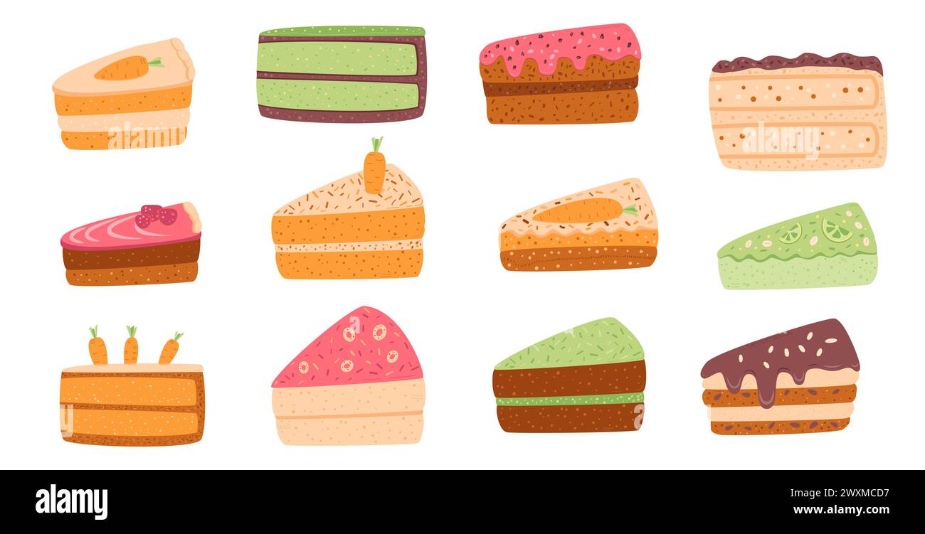 Cakes set. Sweet bakery piece. Pastry dessert slices with cream. Vector ...